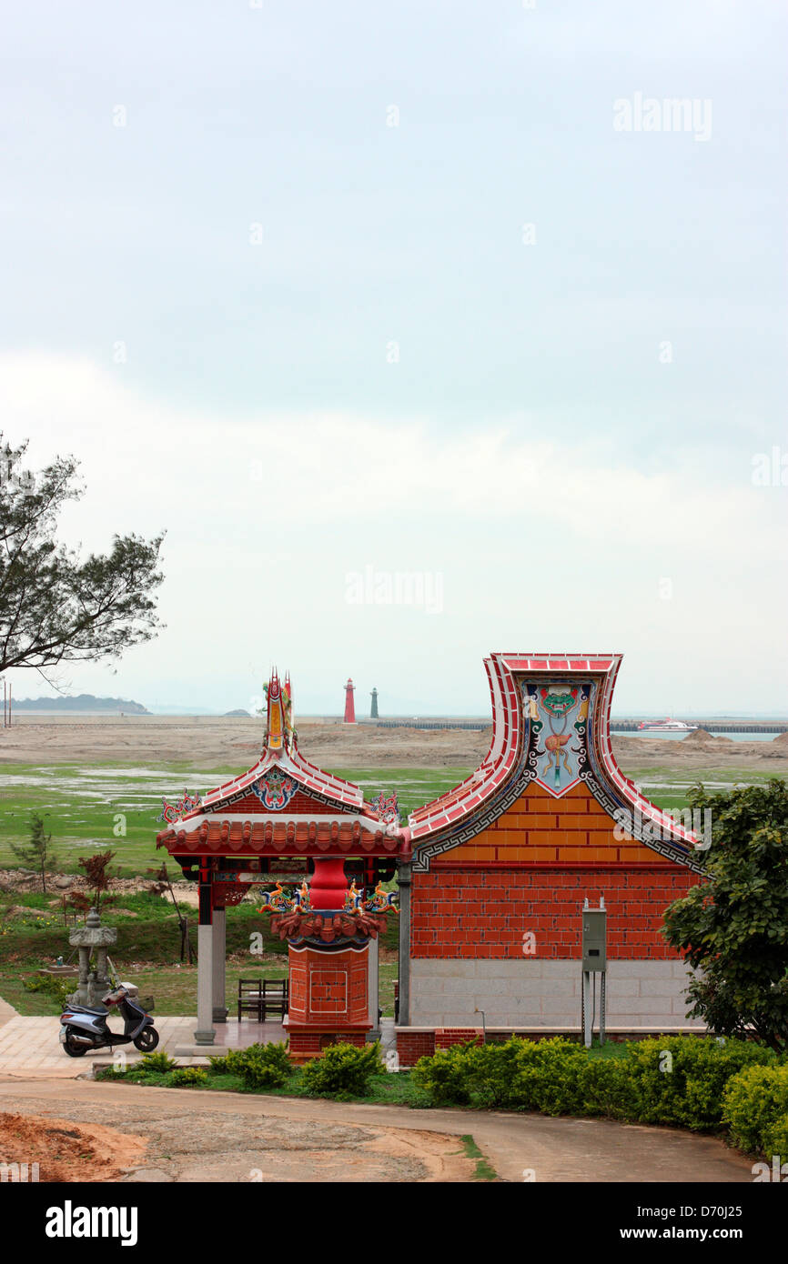 Taiwan, Kinmen County, Shuitou, View of temple and Shuitou harbor in ...