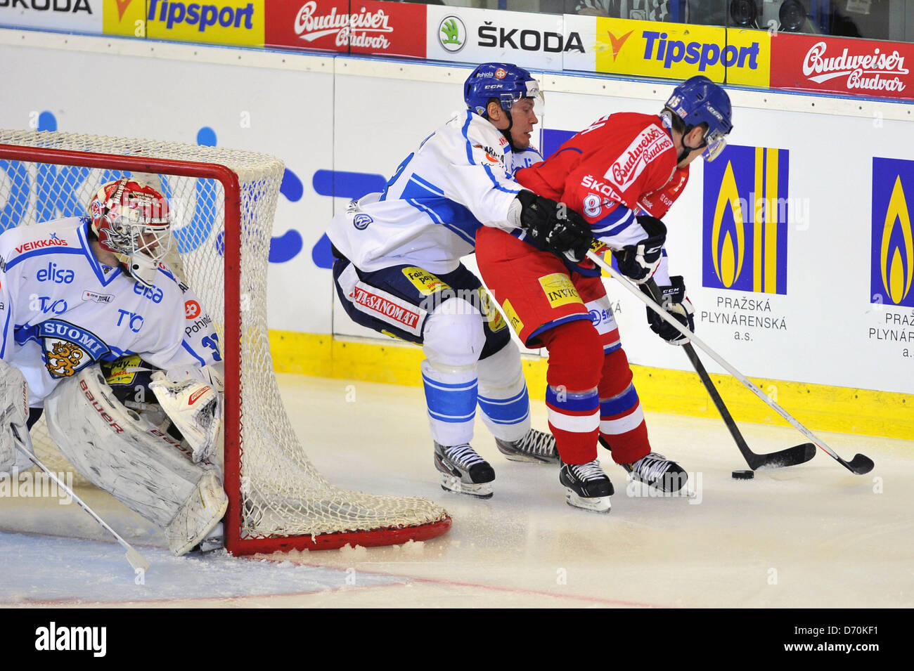 Brno, Czech Republic, April 25, 2013. From left: goalkeeper of Finland Joni Ortio, Petteri ...