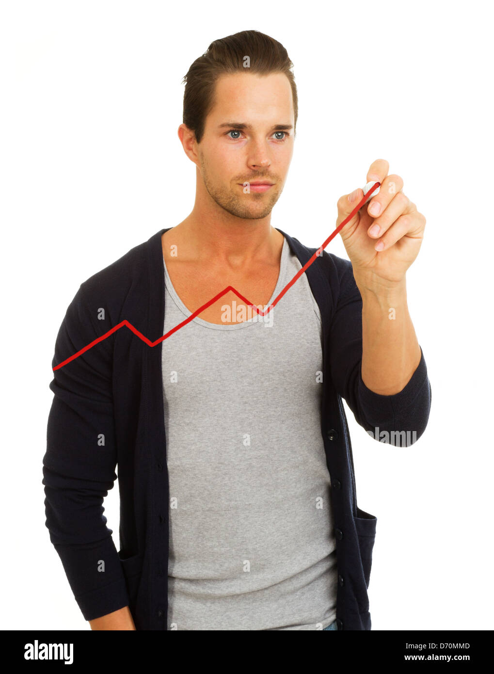 Businessman drawing chart with positive trending line on invisible ...