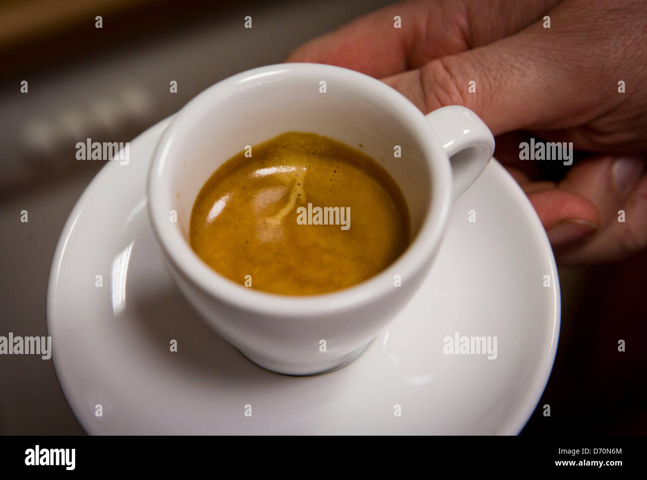 A cup of freshly brewed espresso with a thick cremy top is ready at ...