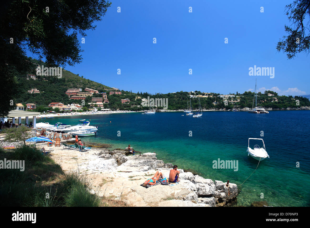 View of Kalami beach resort, Corfu Island, Greece, Europe Stock Photo ...