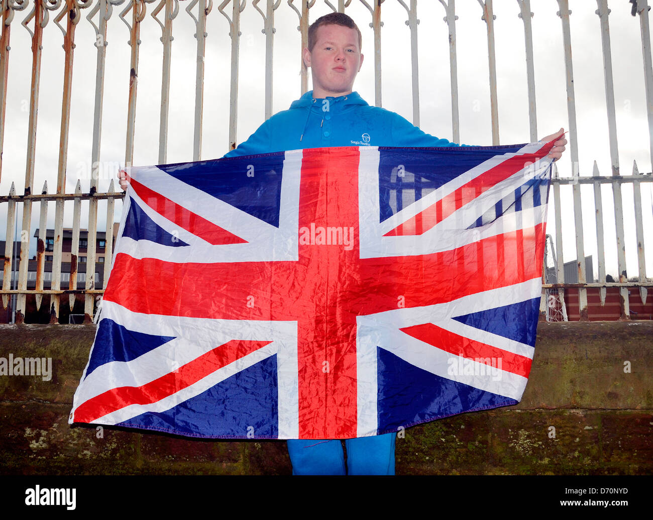 Rangers supporter Ryan Gray hold his Union Jack Flag outside the ...
