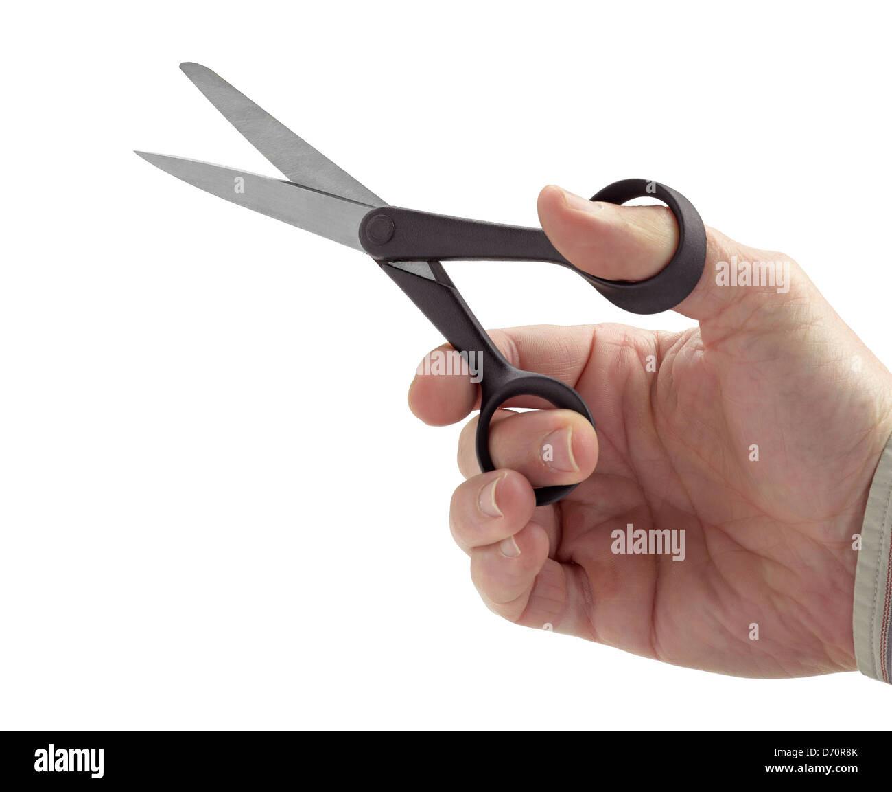 Scissors in hand isolated on white background Stock Photo - Alamy
