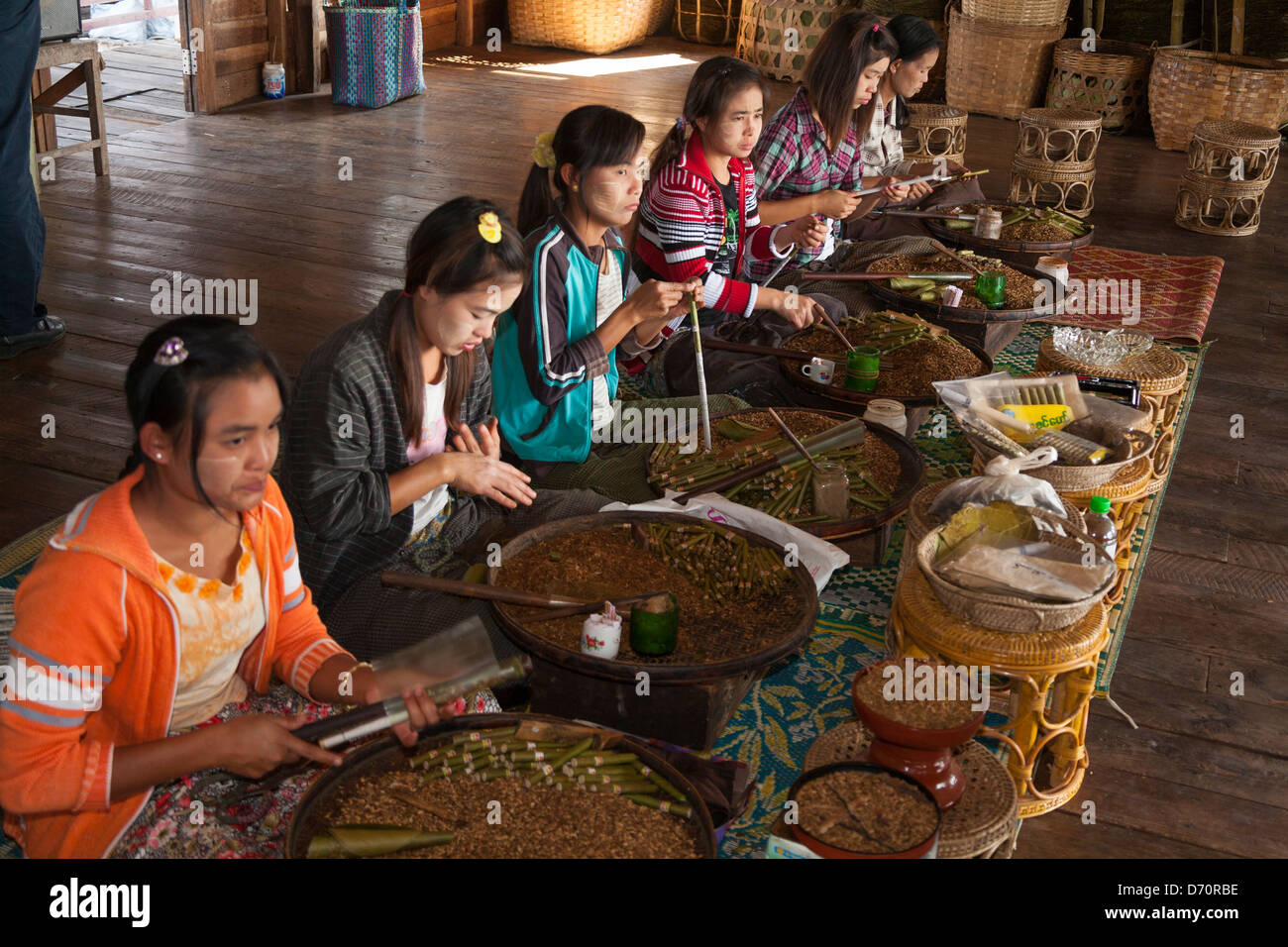 Young women making cheroots in a cheroot making factory, Nampan, Inle ...