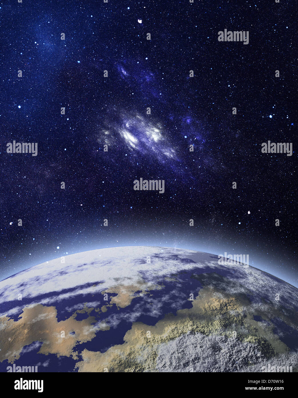 Earth-style planet and stars sky background Stock Photo - Alamy