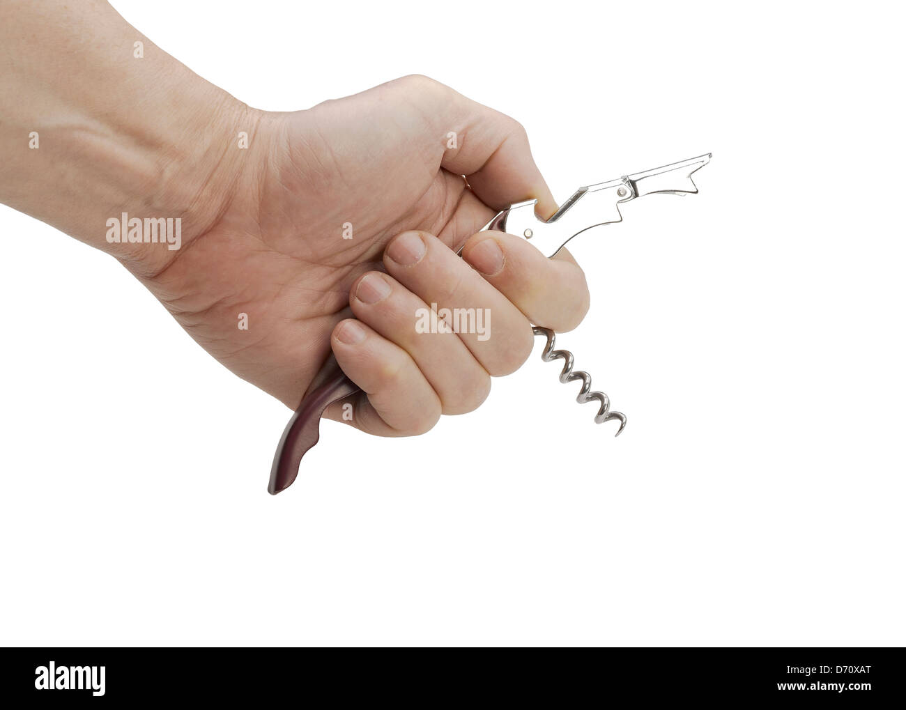 hand holds corkscrew isolated on a white background Stock Photo - Alamy