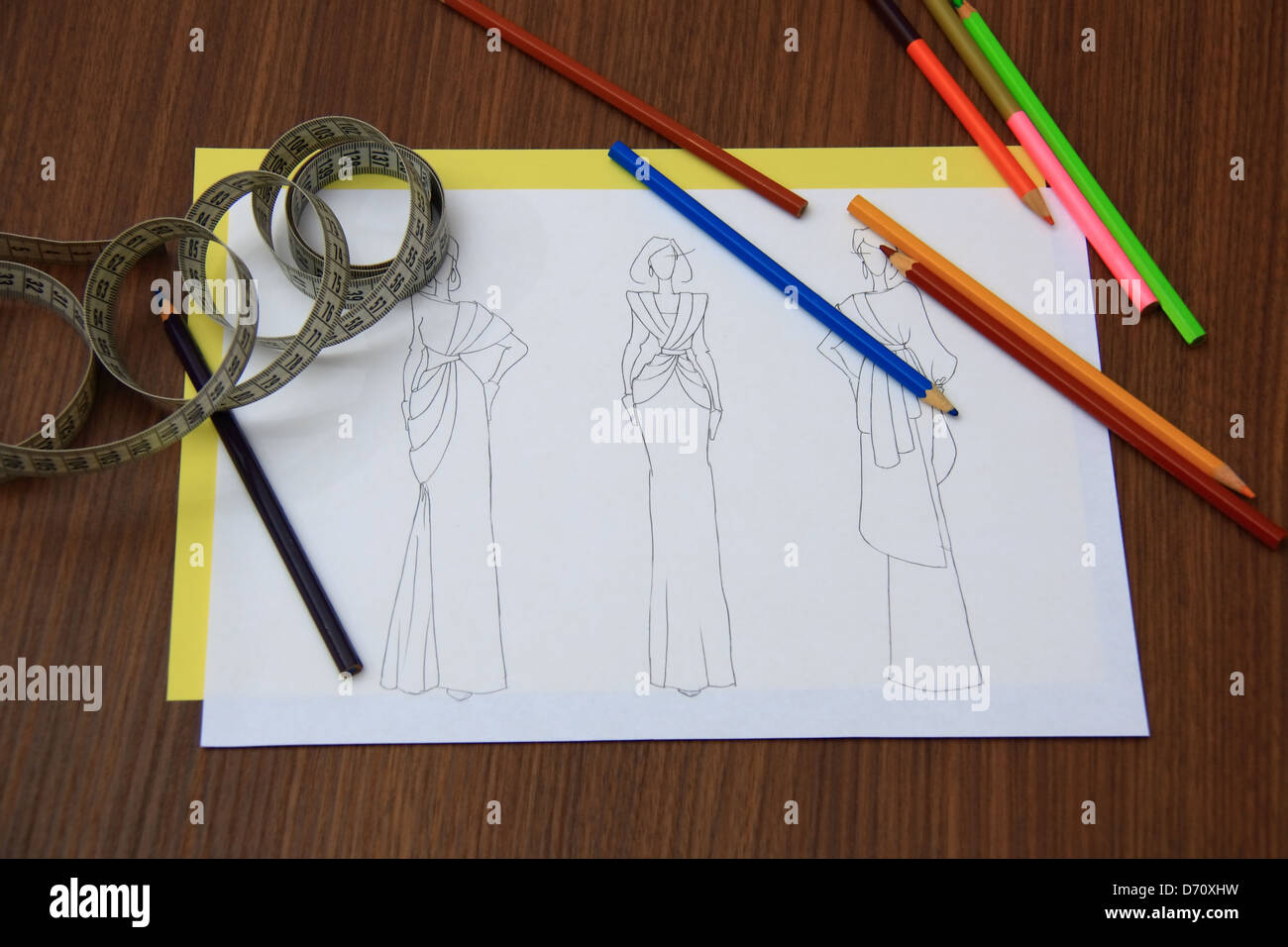the collection of fashion drawings on clothes with colored pencils ...