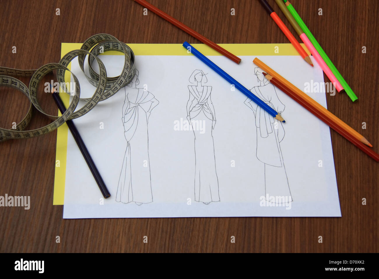 the collection of fashion drawings on clothes with colored pencils ...