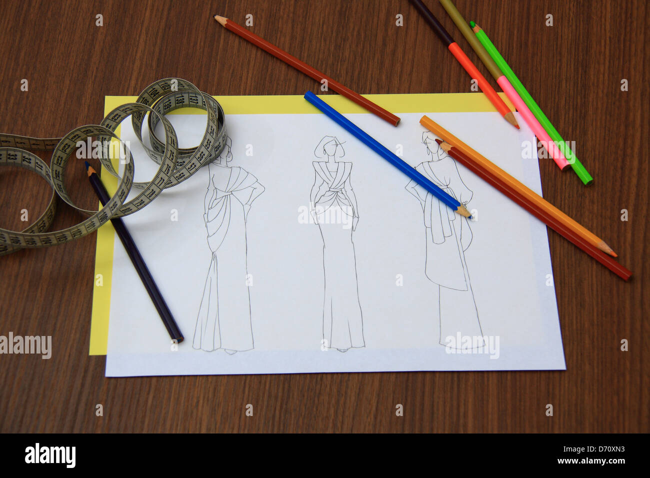 the collection of fashion drawings on clothes with colored pencils ...