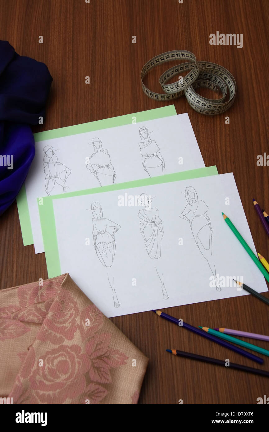 the collection of fashion drawings on clothes with colored pencils ...