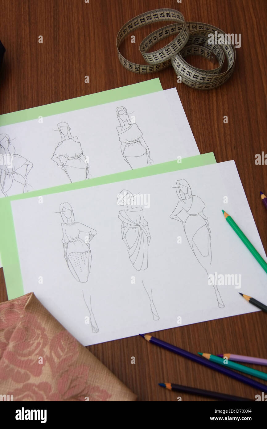 the collection of fashion drawings on clothes with colored pencils ...