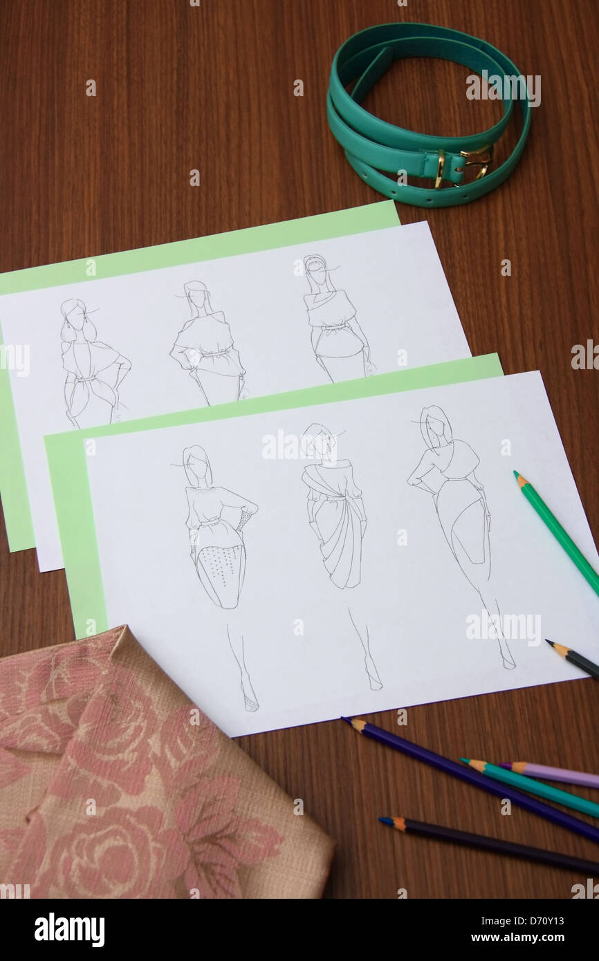 the collection of fashion drawings on clothes with colored pencils ...