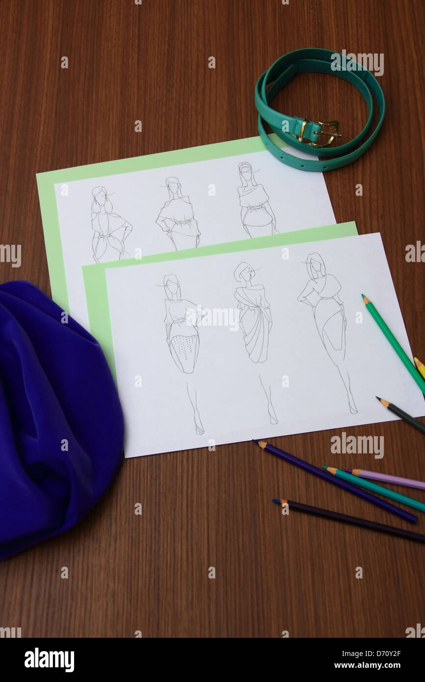 the collection of fashion drawings on clothes with colored pencils ...