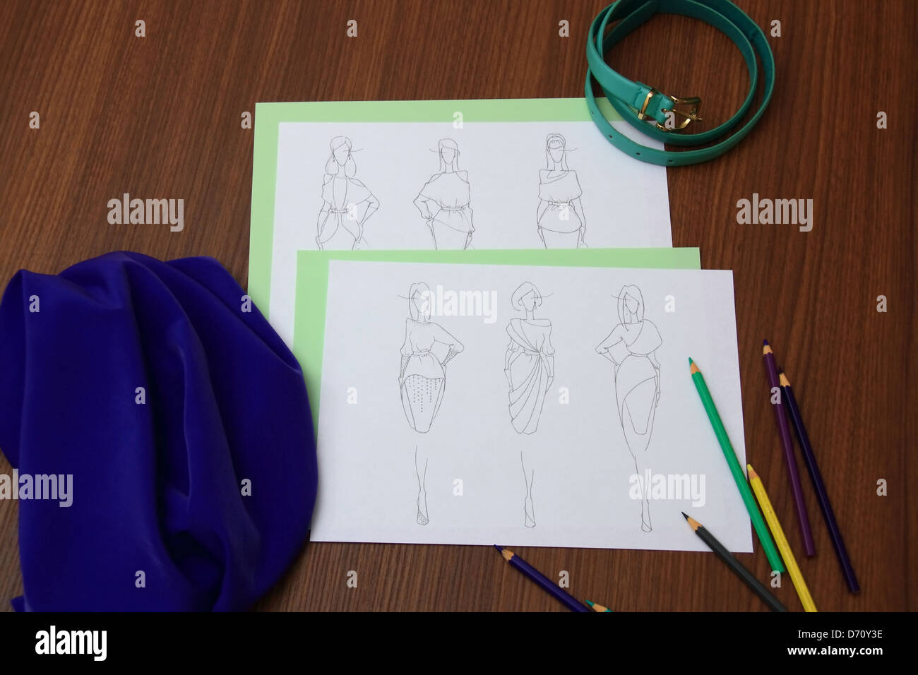 the collection of fashion drawings on clothes with colored pencils ...