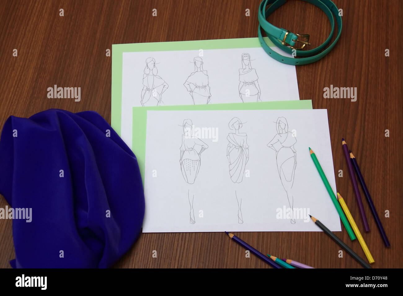 the collection of fashion drawings on clothes with colored pencils ...