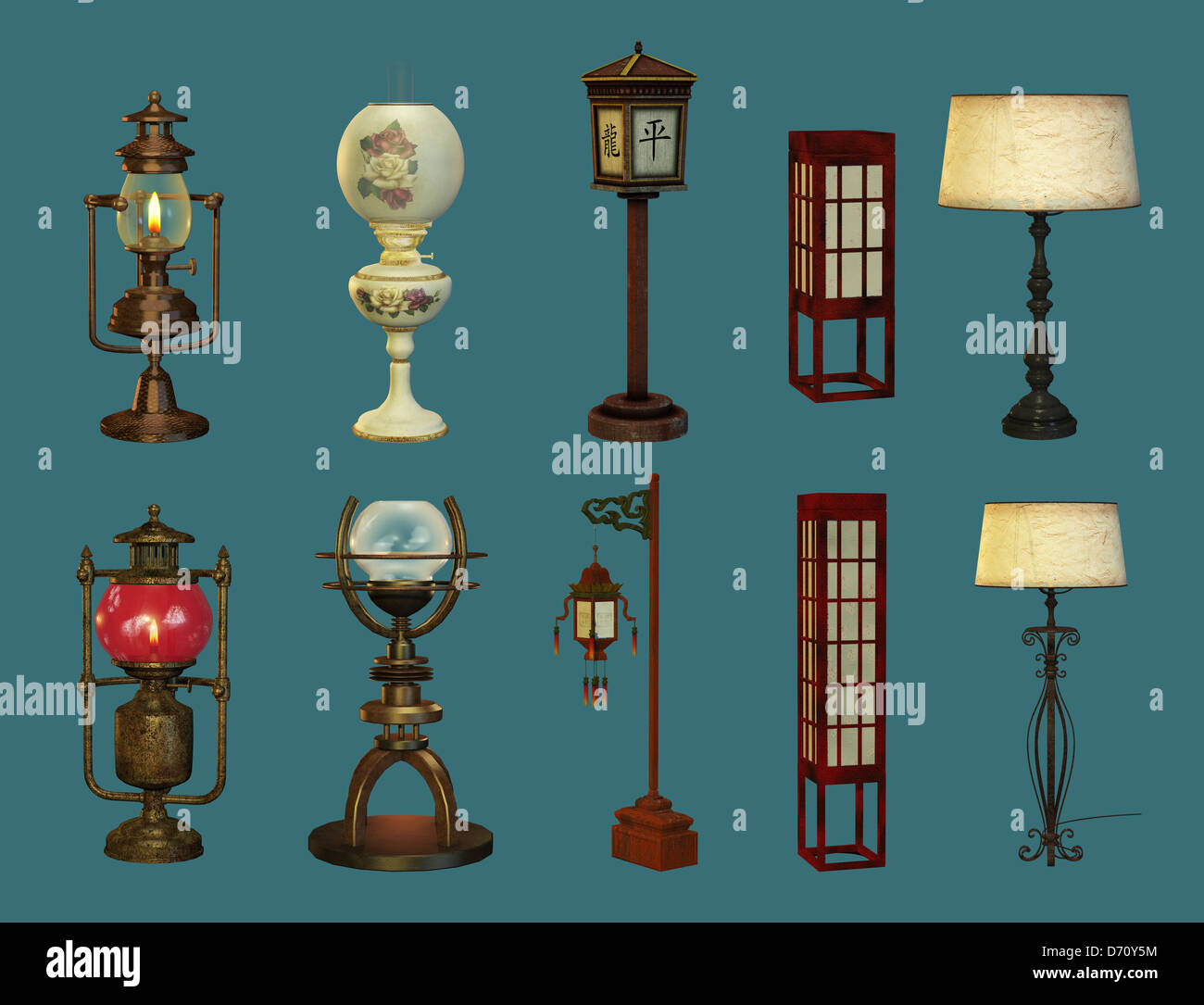 eight different lamps and two different lanterns in retro or Asian ...