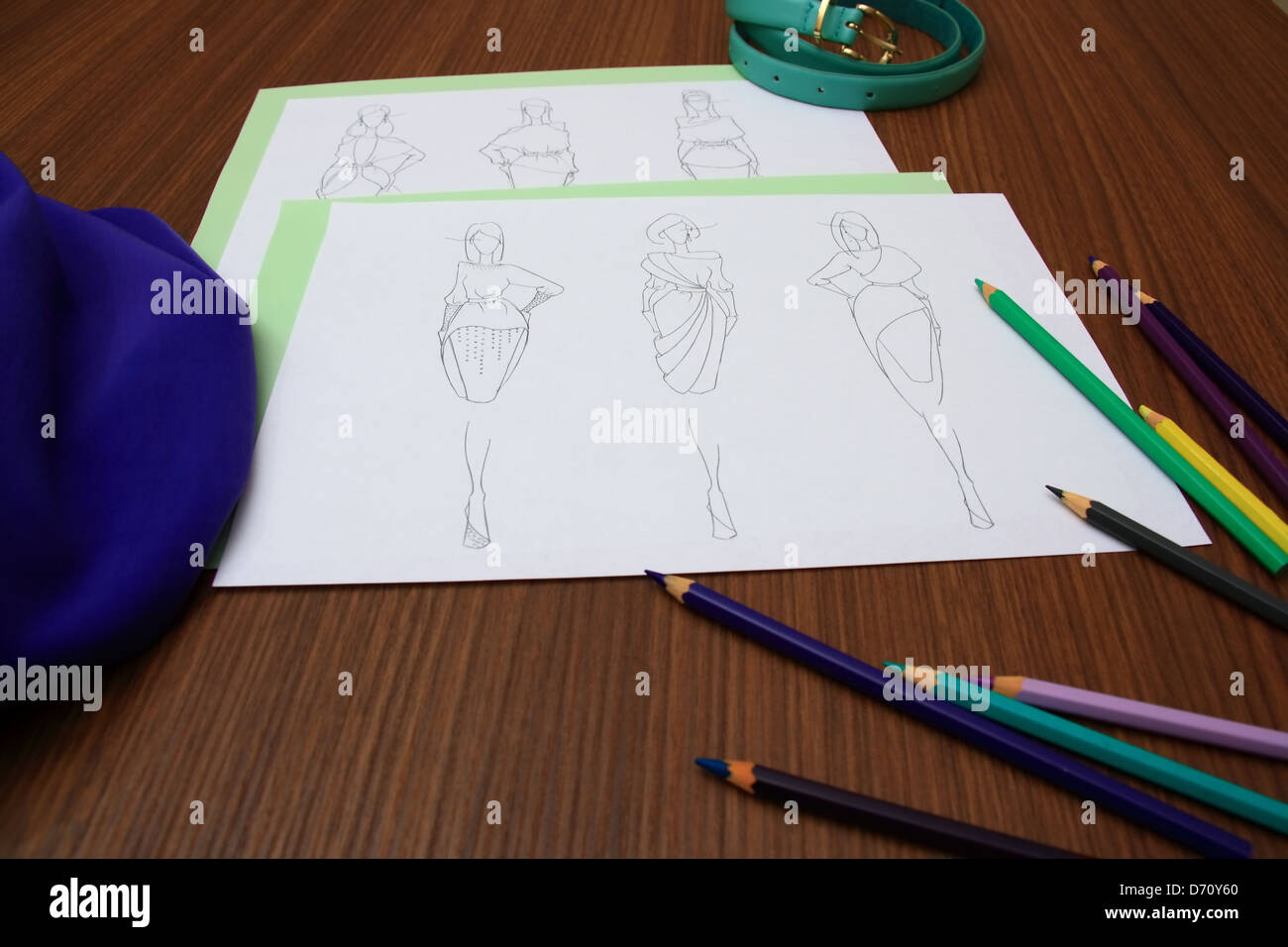 the collection of fashion drawings on clothes with colored pencils ...