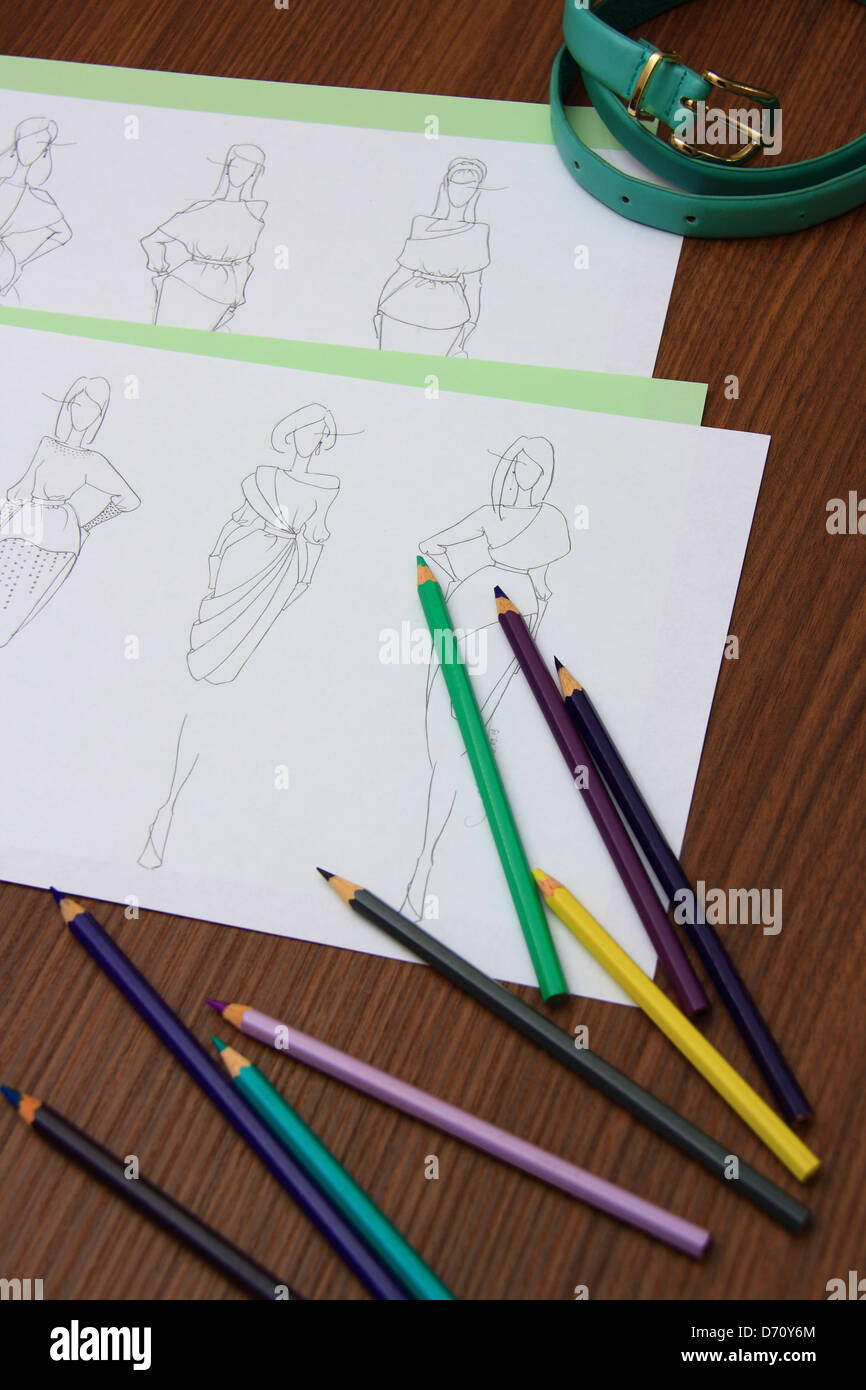 the collection of fashion drawings on clothes with colored pencils ...