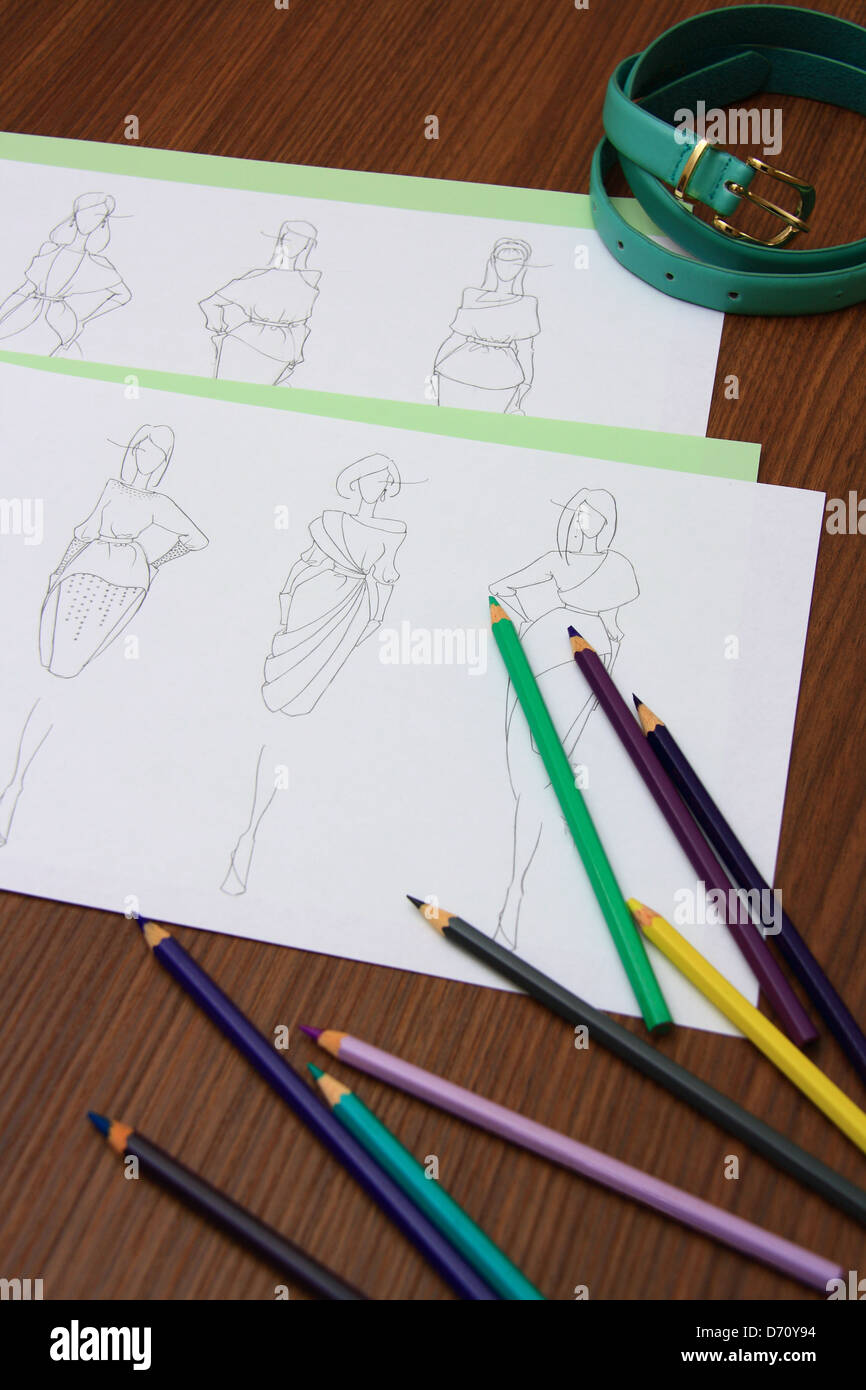 the collection of fashion drawings on clothes with colored pencils ...