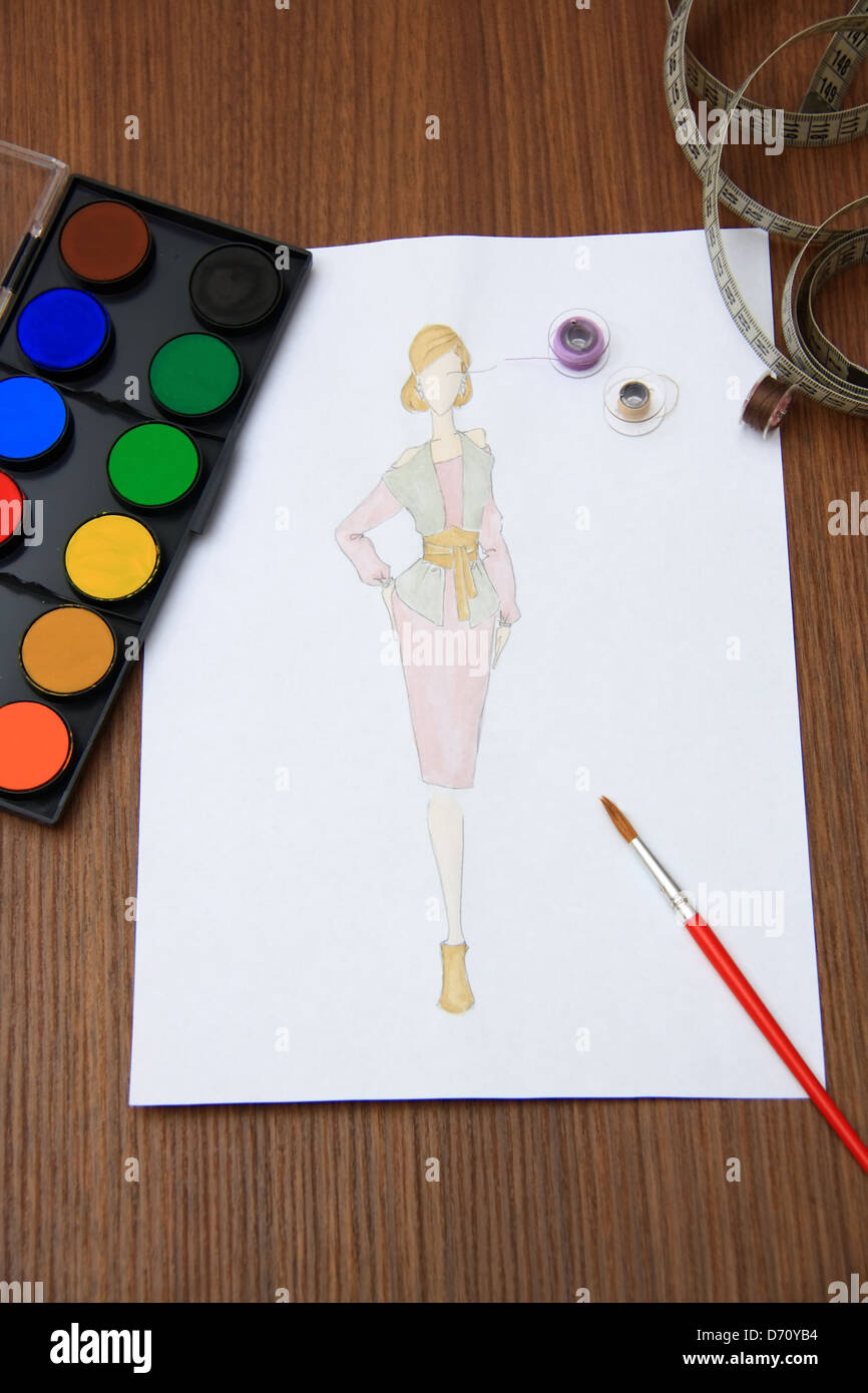the collection of fashion drawings on clothes with colored pencils ...