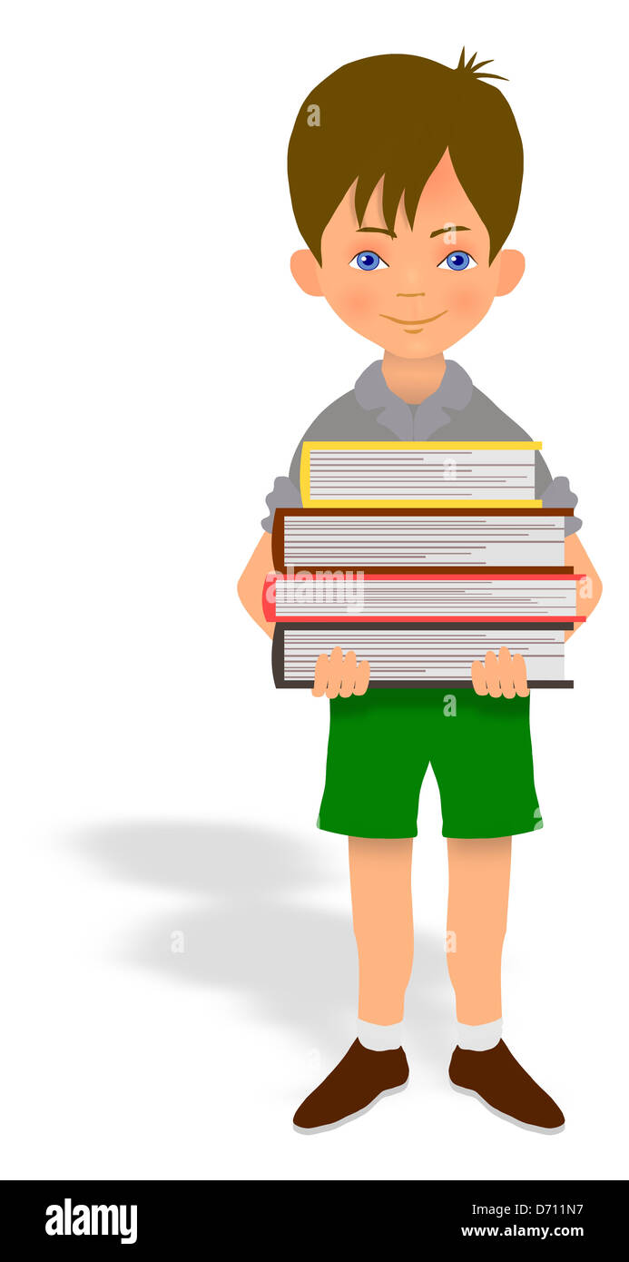 Illustration of a child carrying a pile of books Stock Photo - Alamy