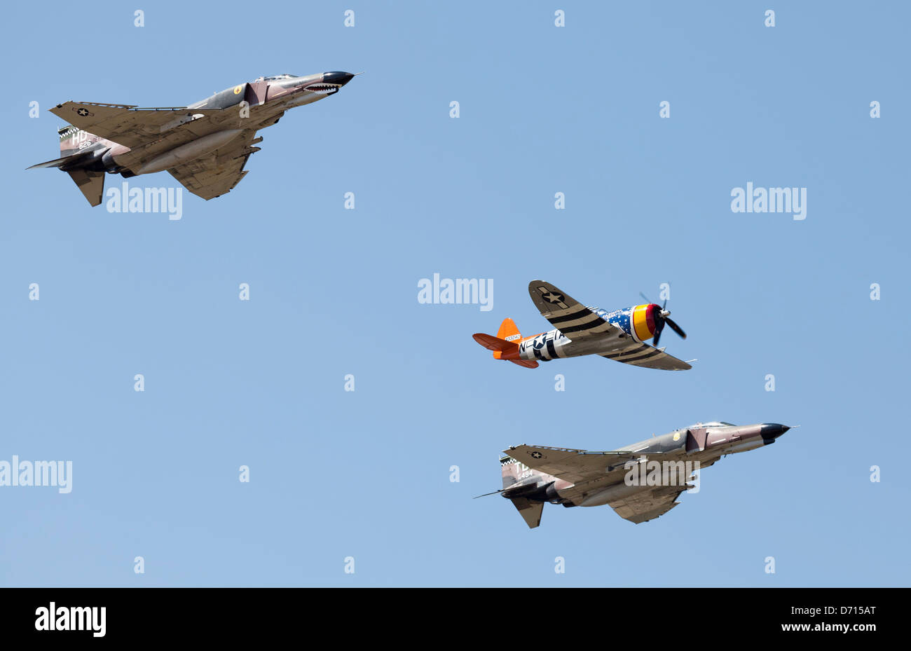 USA, Arkansas, Jacksonville, F4 Phantoms and P47 Thunderbolt flying in ...
