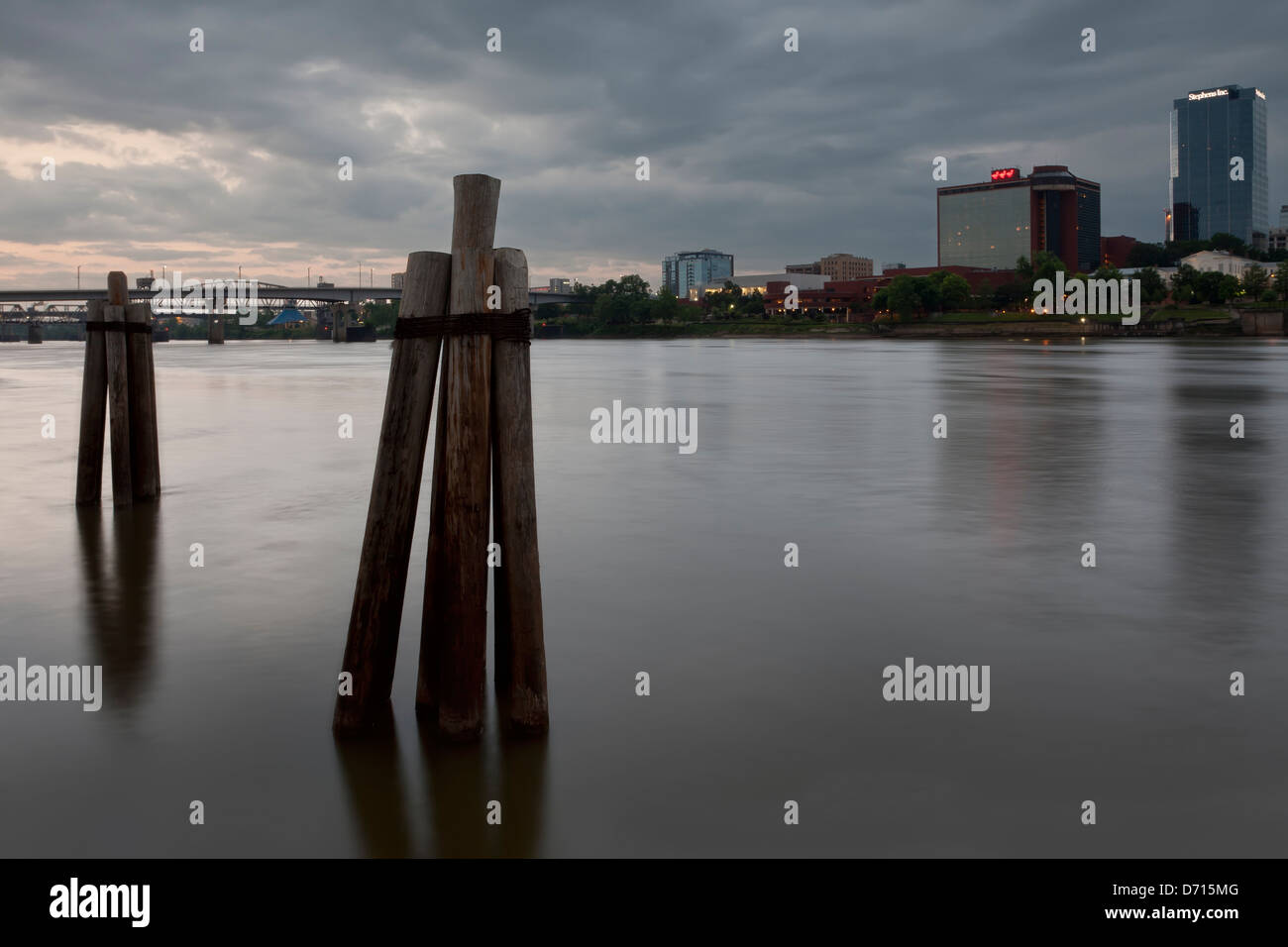 Old pilings and the Arkansas River, at dawn Stock Photo - Alamy