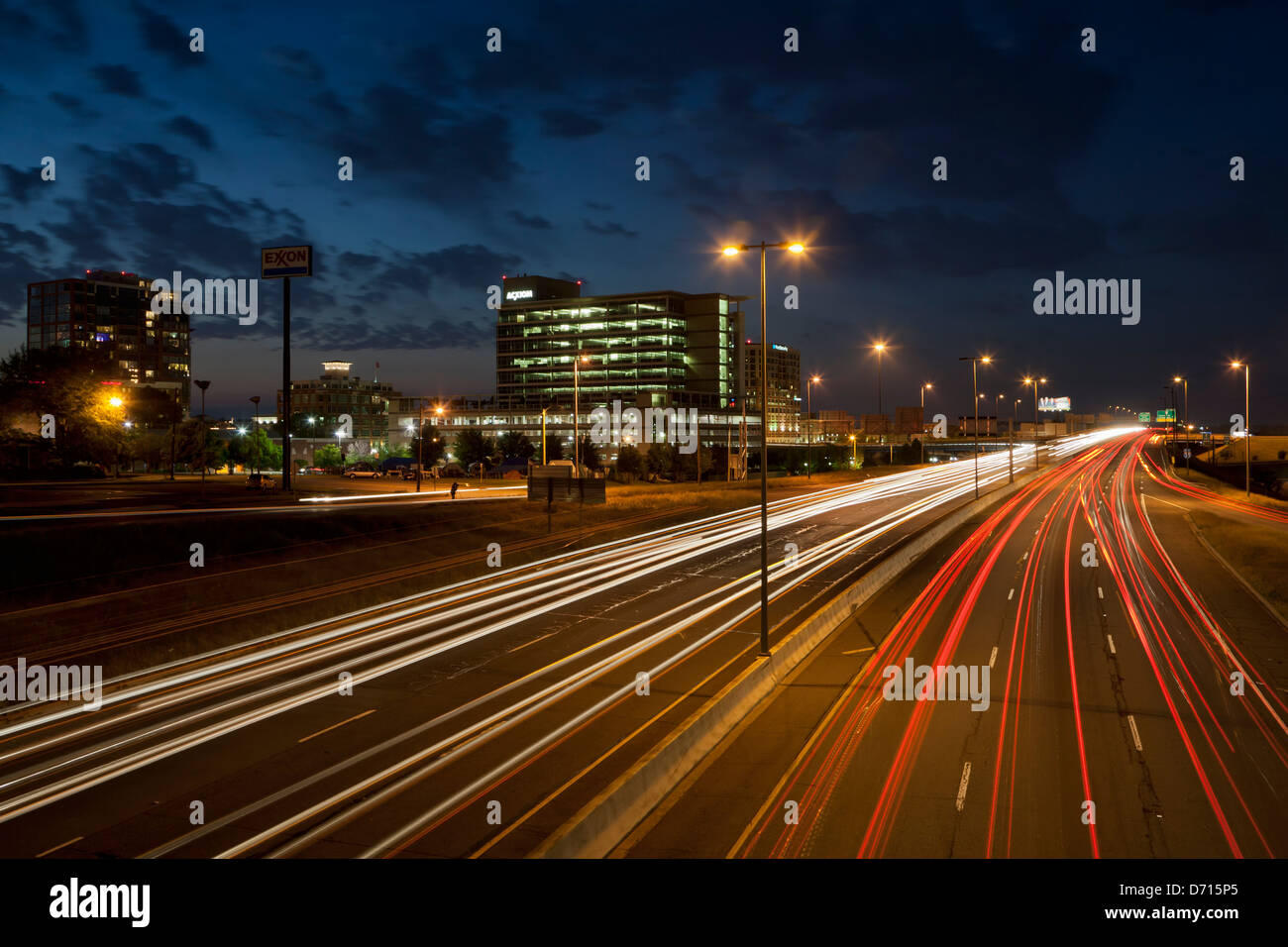 Streaks of traffic lights at night on Interstate 30, Little Rock ...