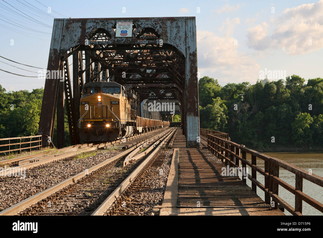 Train trestle with train over a bridge, Arkansas River, North Little ...