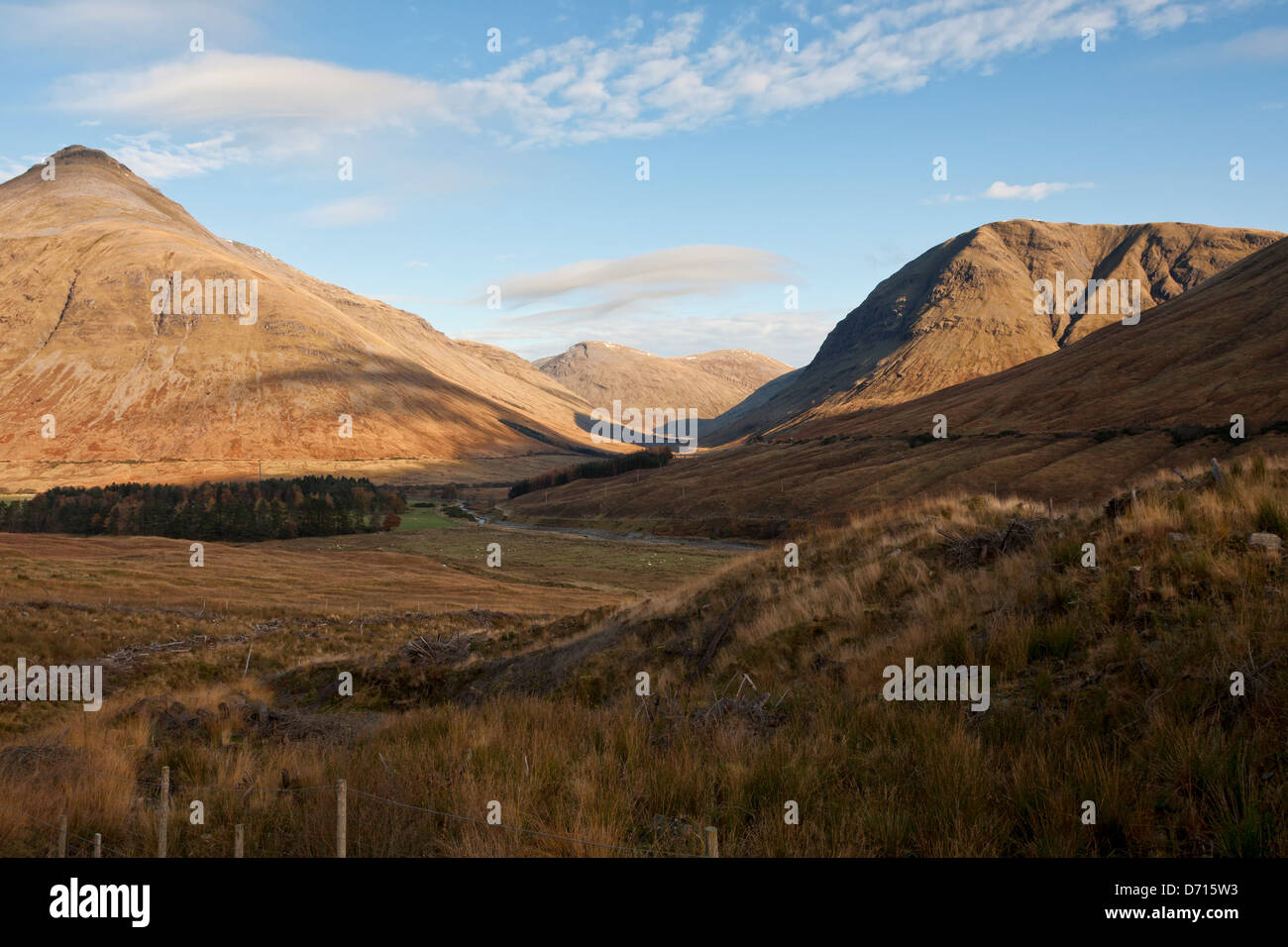 Morning light and shadow in a glen, Highlands Region, Scotland Stock ...
