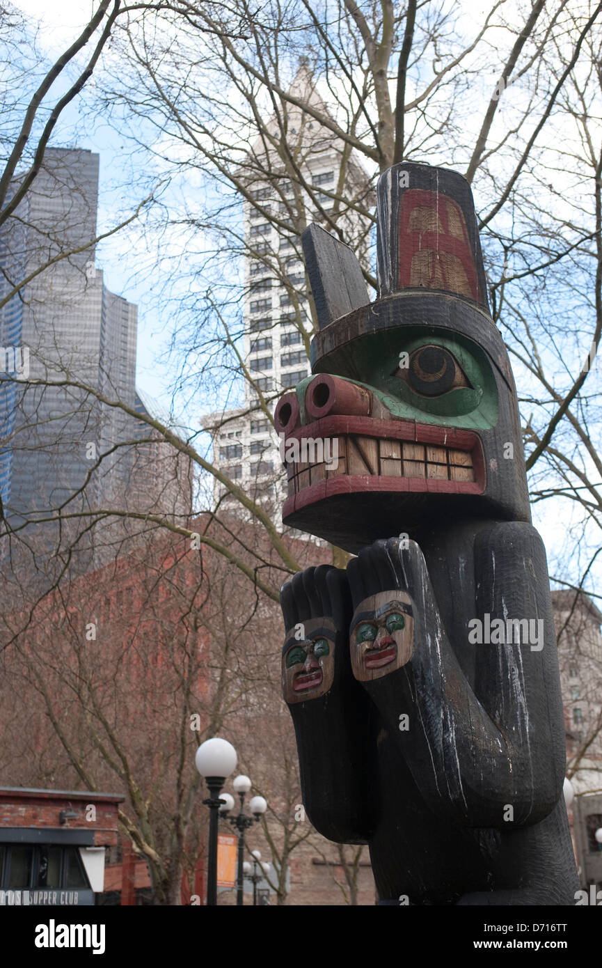 Usa, Washington State, Seattle, Occidental Park, Totem Pole Stock Photo ...