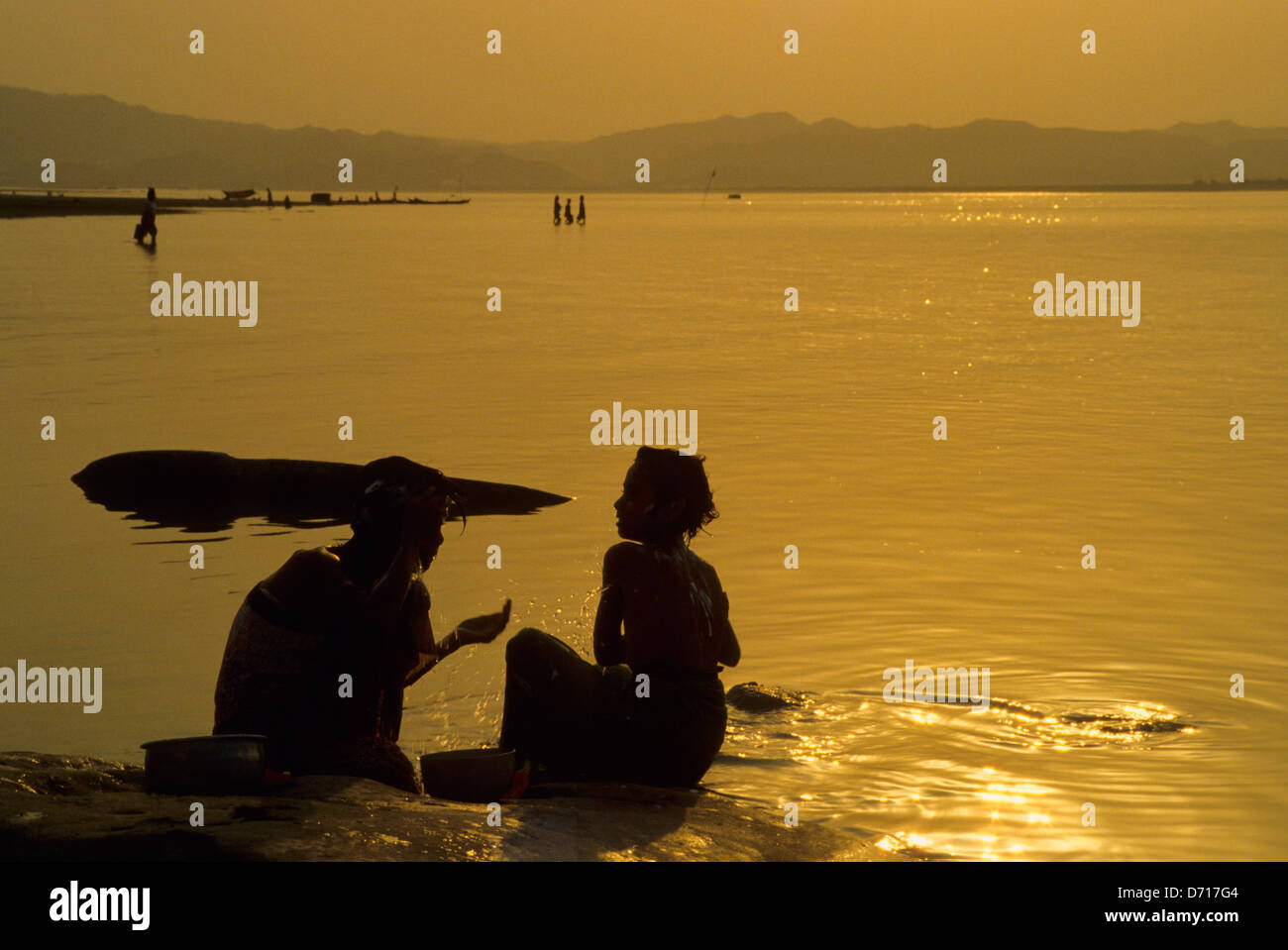 Myanmar (Burma), Pagan, Villagers Bathing In The Irrawaddy River At ...