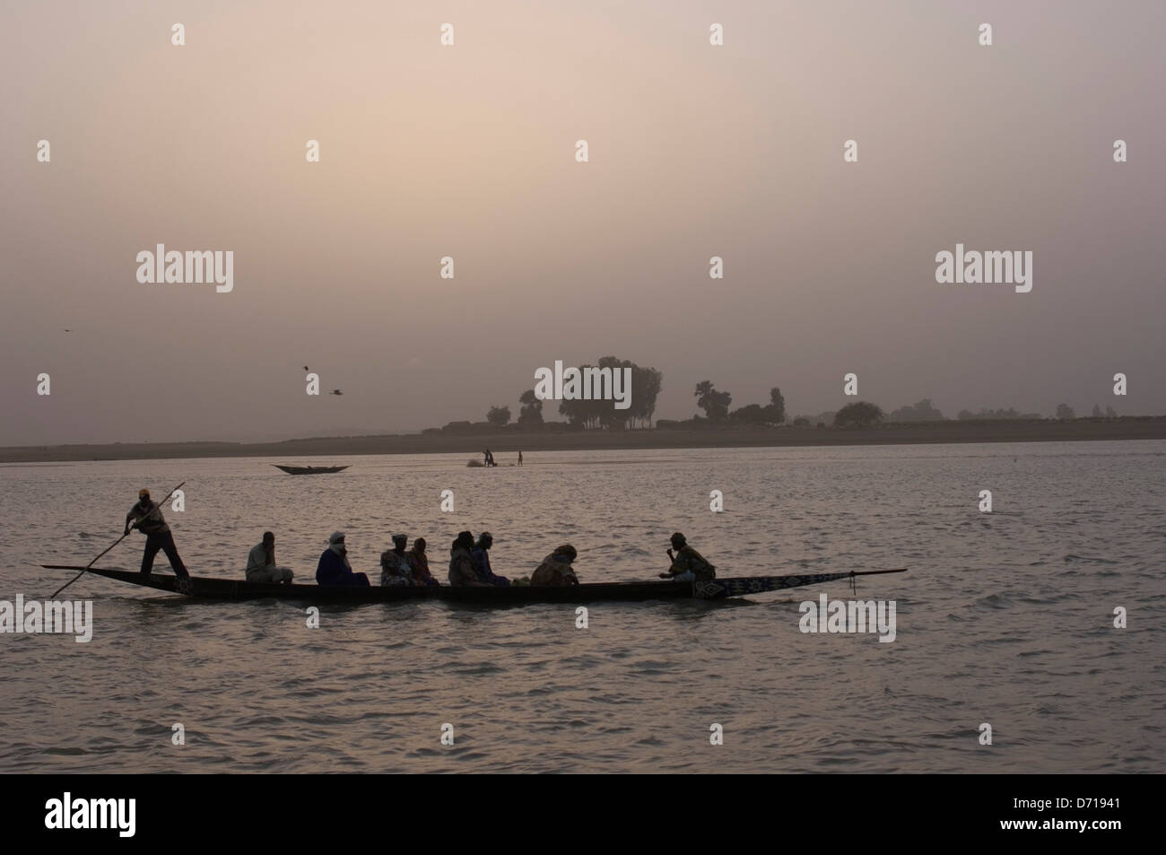 Mali, Mopti, Bani River, Harmattan Dust Storm, People In Pirogue (Canoe ...