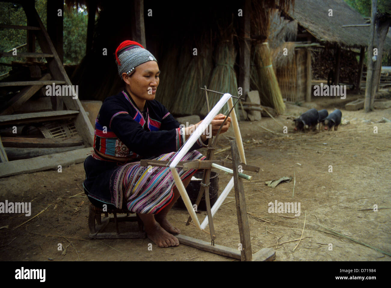 China, Yunan Province, Hua Yao Dai Woman In Traditional Dress, Spinning ...