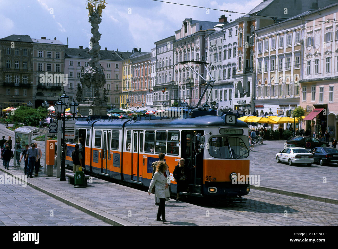 Austria, Linz, Danube River, Main Square With Electic Tram, Street Car ...