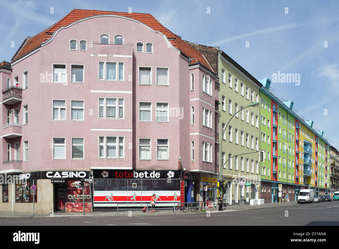 Berlin, Germany, colorfully painted Haeuserfassaden in Hermann Street ...