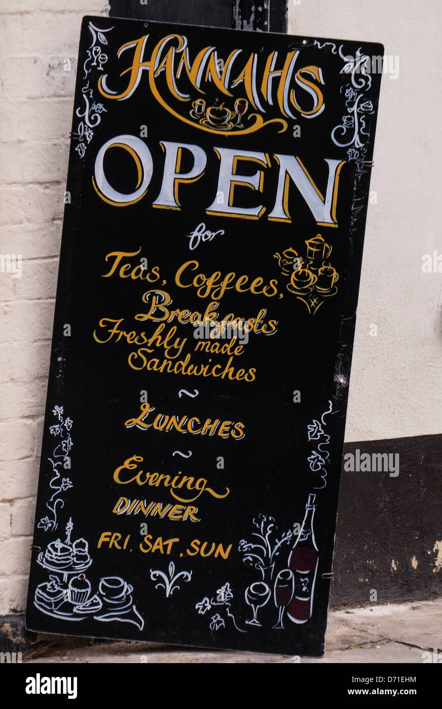 KNARESBOROUGH, NORTH YORKSHIRE - APRIL 19, 2013: Menu board for Hannah ...