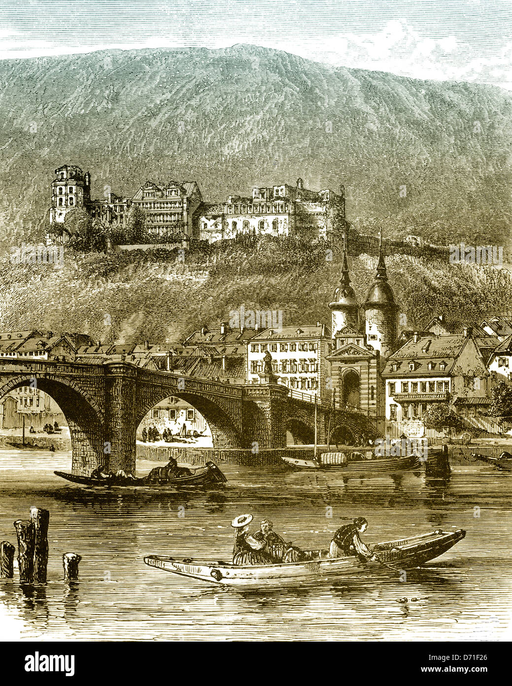 Historic drawing, Neckar river with the Karl-Theodor Bridge or Old ...