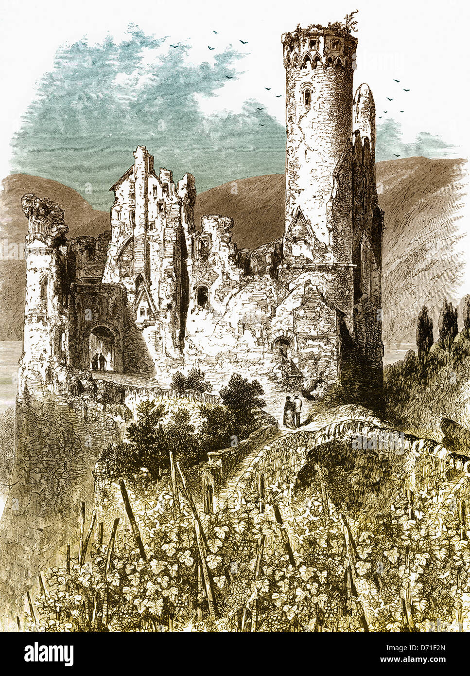 Historic drawing, Burg Ehrenfels castle ruins, romantic Middle Rhine ...