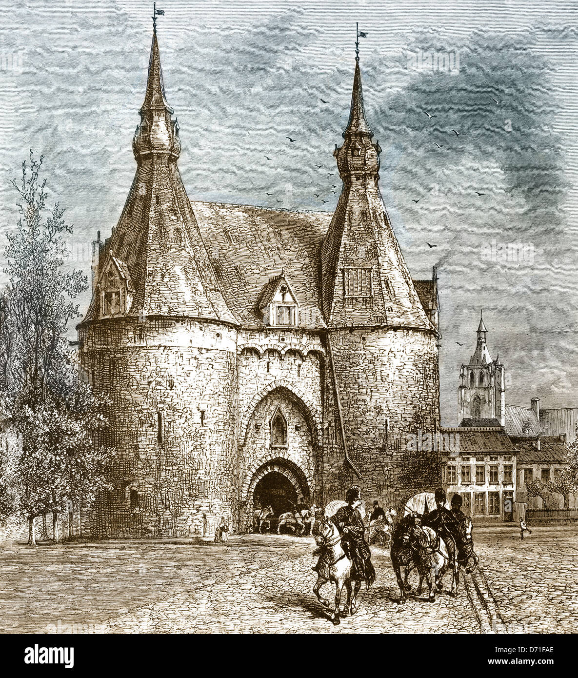 Historic drawing, Brusselsepoort or Brussels gate, Mechelen, 19th ...