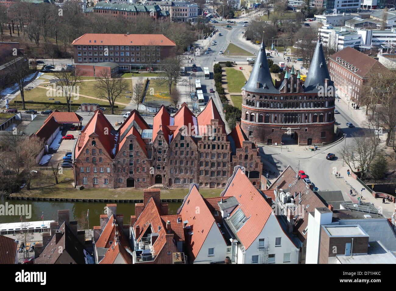 Aerial view on the Holsten Gate (Holstein Tor, later Holstentor), a ...