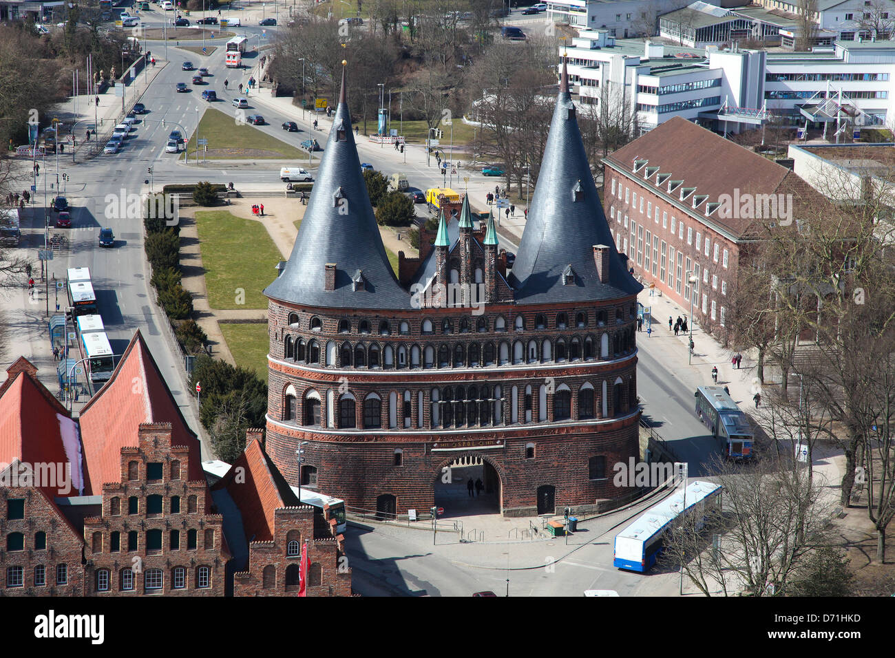 Aerial view on the Holsten Gate (Holstein Tor, later Holstentor), a ...
