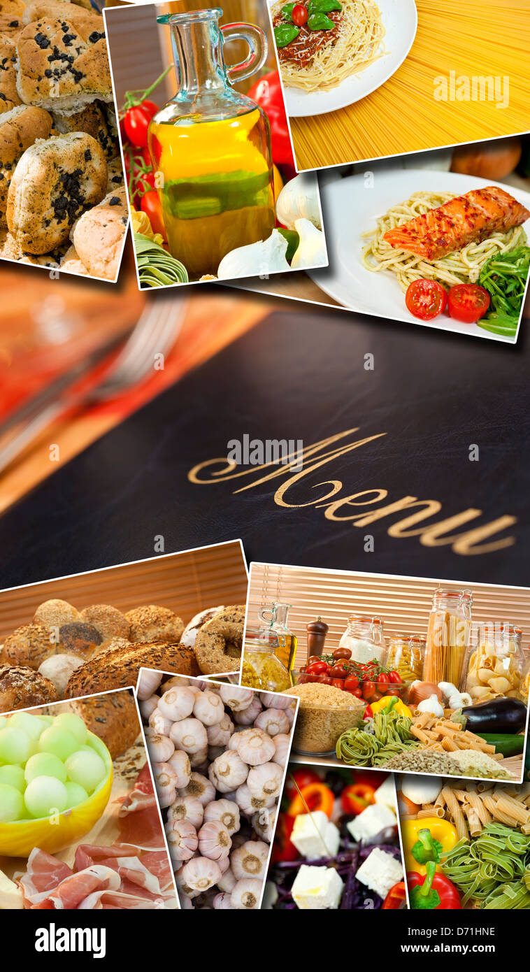 Montage of menu and healthy Mediterranean food, cuisine vegetables ...