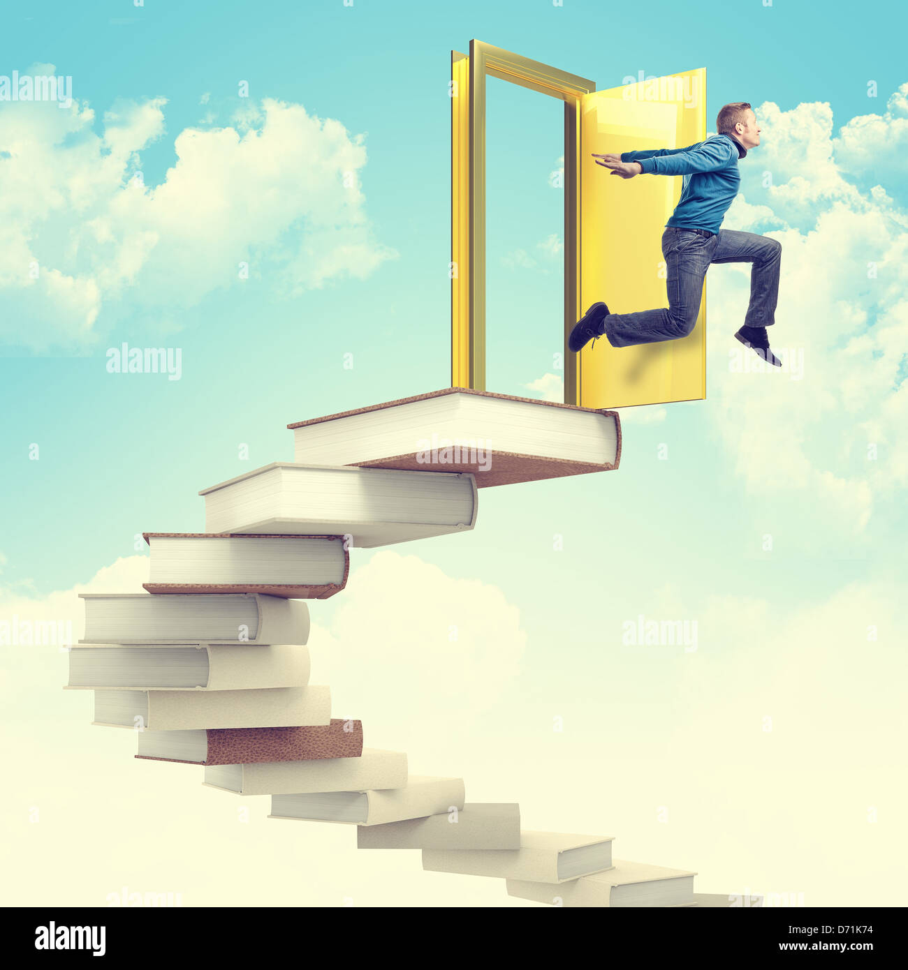 man jump from 3d books stair Stock Photo - Alamy