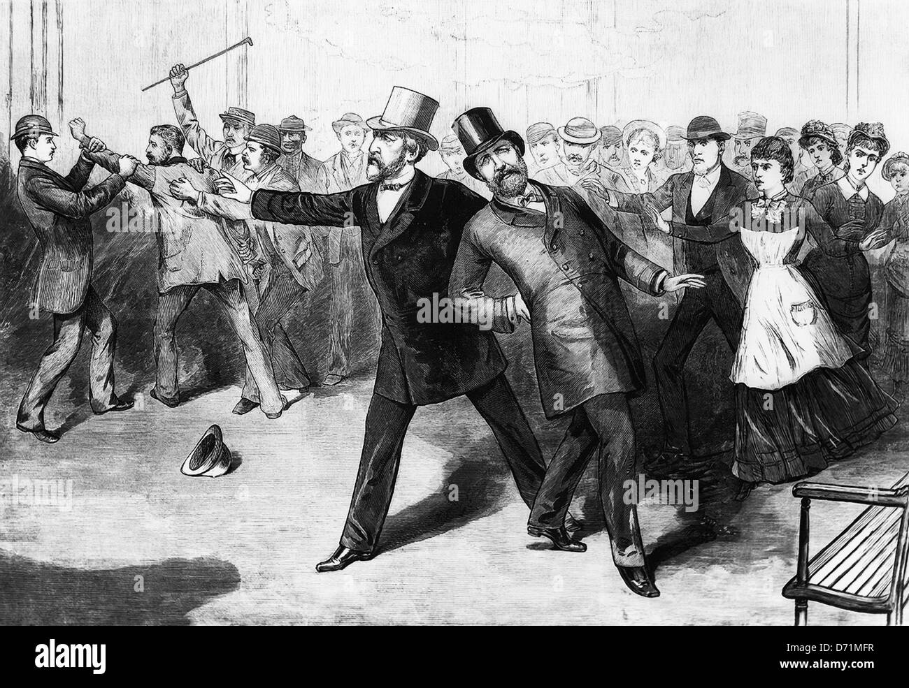Vintage illustration depicting the shooting of James A Garfield Stock ...