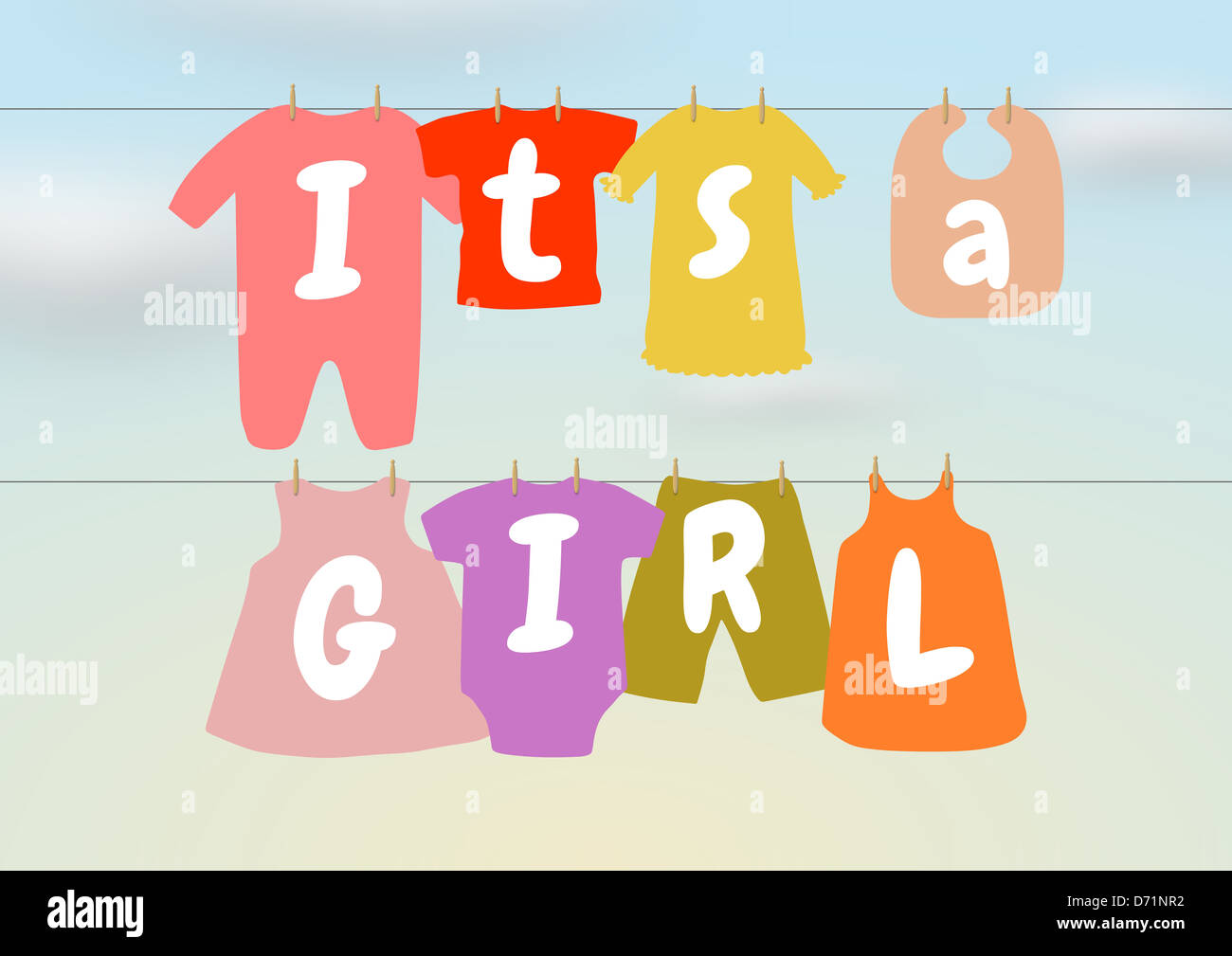 Illustration of a washing line with baby clothes and words saying "It's ...