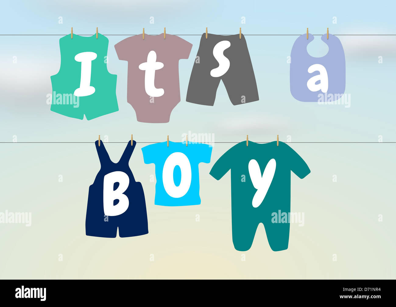 Illustration of a washing line with baby clothes and words saying "It's ...