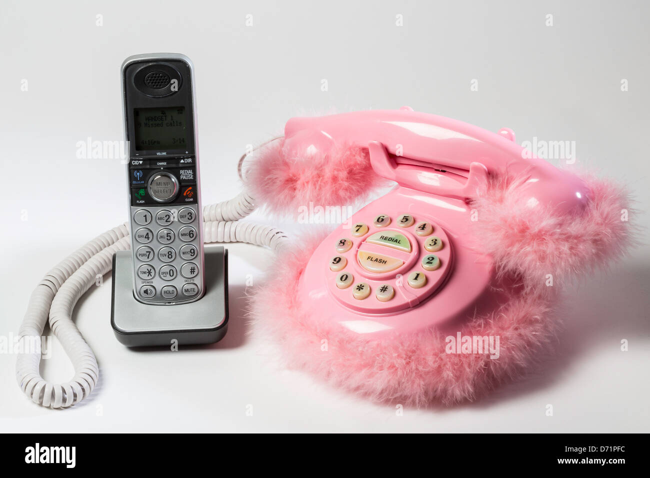 Still Life Pink Fluffy Retro Style Phone and Modern Cordless Phone ...