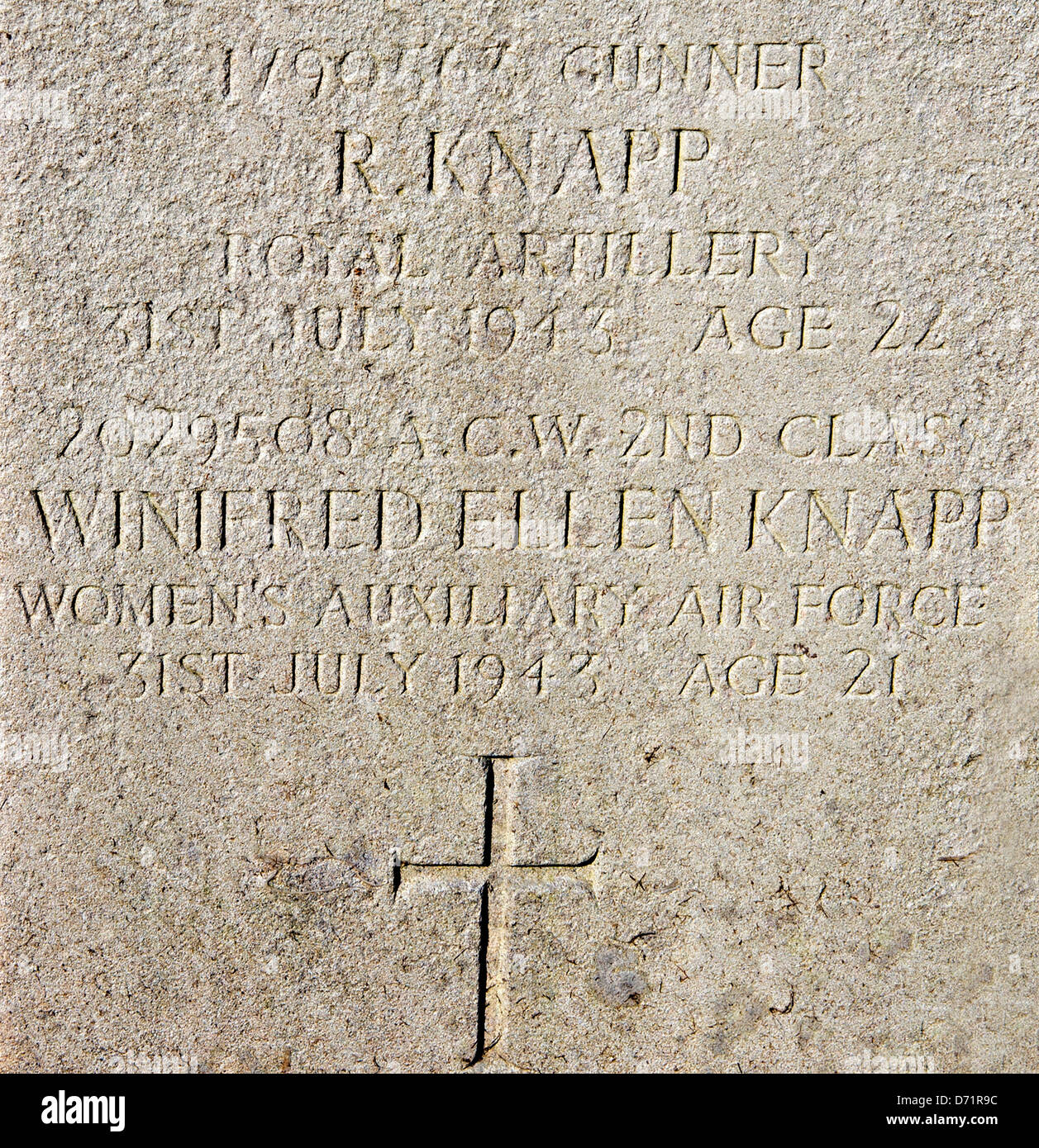 Worn inscription on the war grave of Gunner Ronald Knapp and Corporal ...