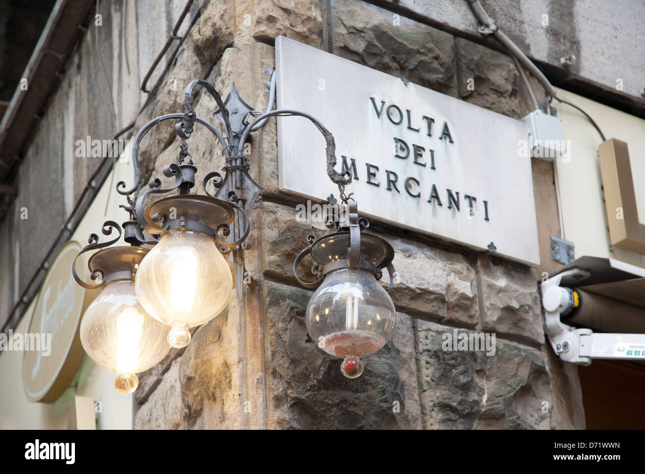 Volta del Mercanti Street Sign, Florence, Italy with Street Lamps Stock ...
